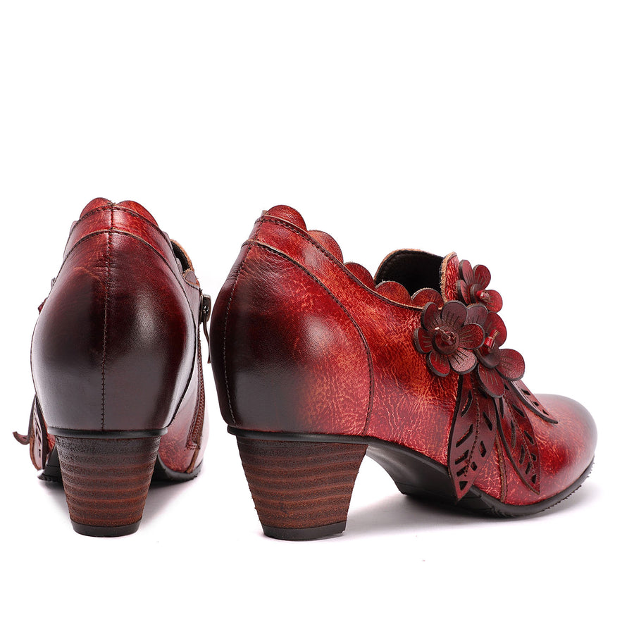 Retro Handmade Floral Leather Low-Heel Pumps – superladystar