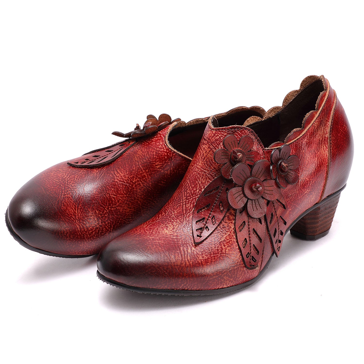 Retro Handmade Floral Leather Low-Heel Pumps – superladystar