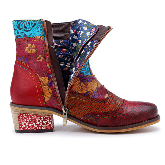 Red Outdoor Chunky Heel Cowhide Leather Ankle & Bootie – superladystar