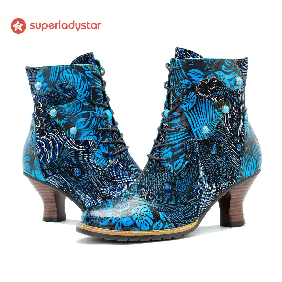 Blue Embossed Leather And Warm Brocade Comfy Ankle Boots – superladystar