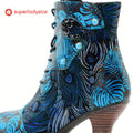 Blue Embossed Leather And Warm Brocade Comfy Ankle Boots – superladystar