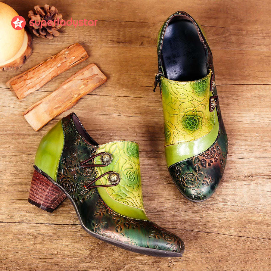 Hand Embossed Leather Low Heel Shoes – superladystar