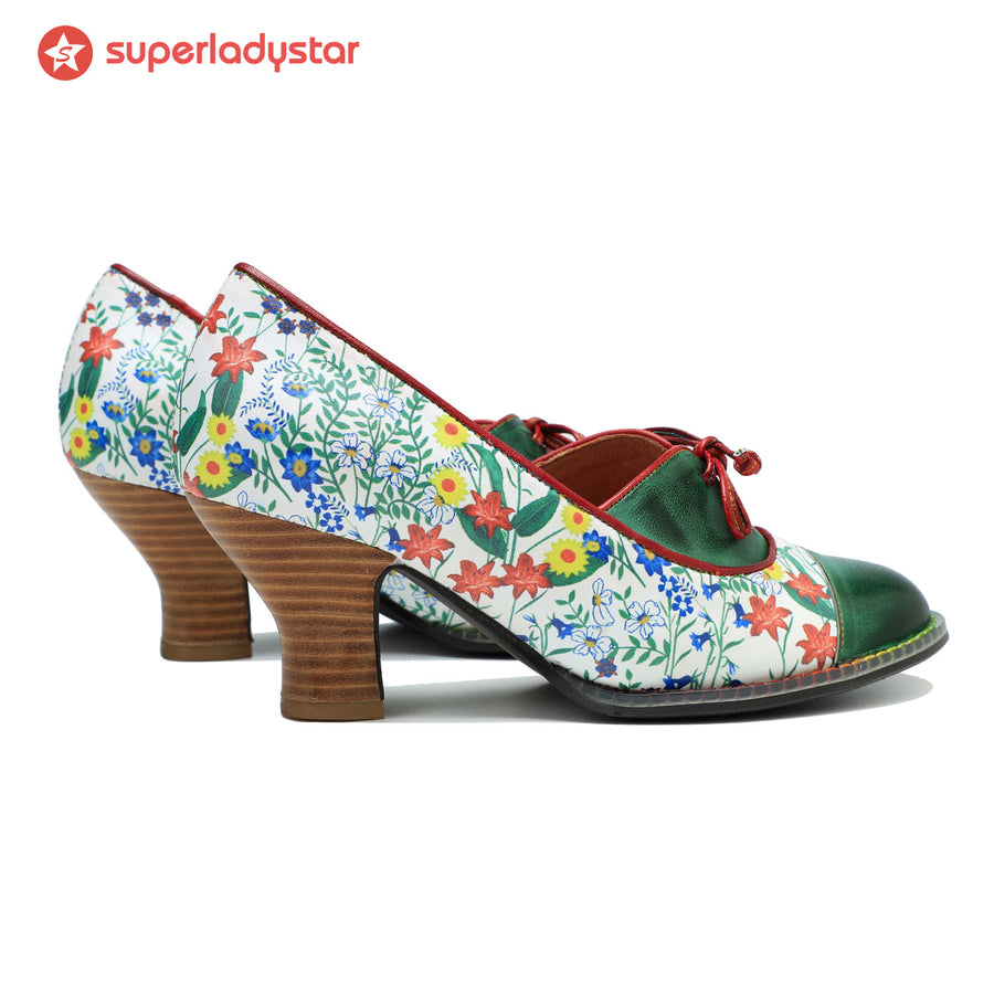 Vintage Hand-embossed Leather Low Heels – superladystar