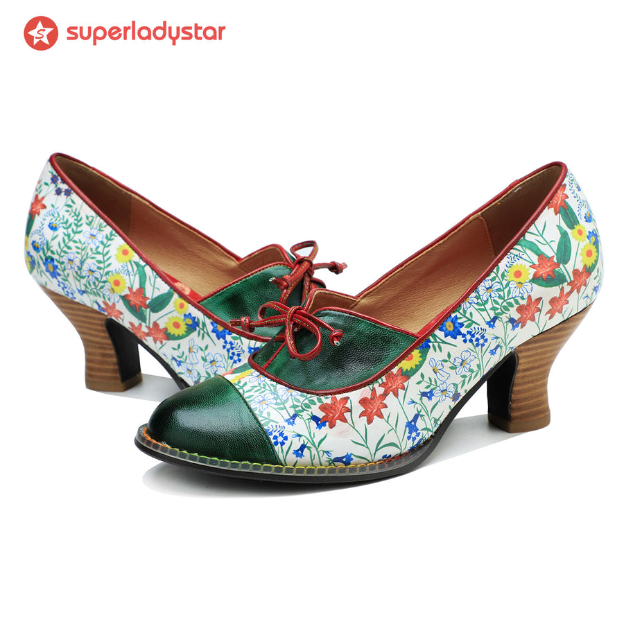 Vintage Hand-embossed Leather Low Heels – superladystar