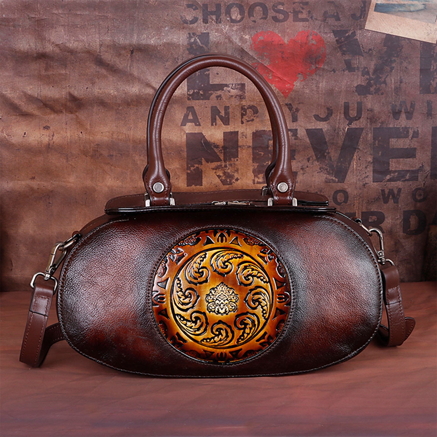 Vintage Embossed Leather Handmade Oval Handbag Messenger Bag ...