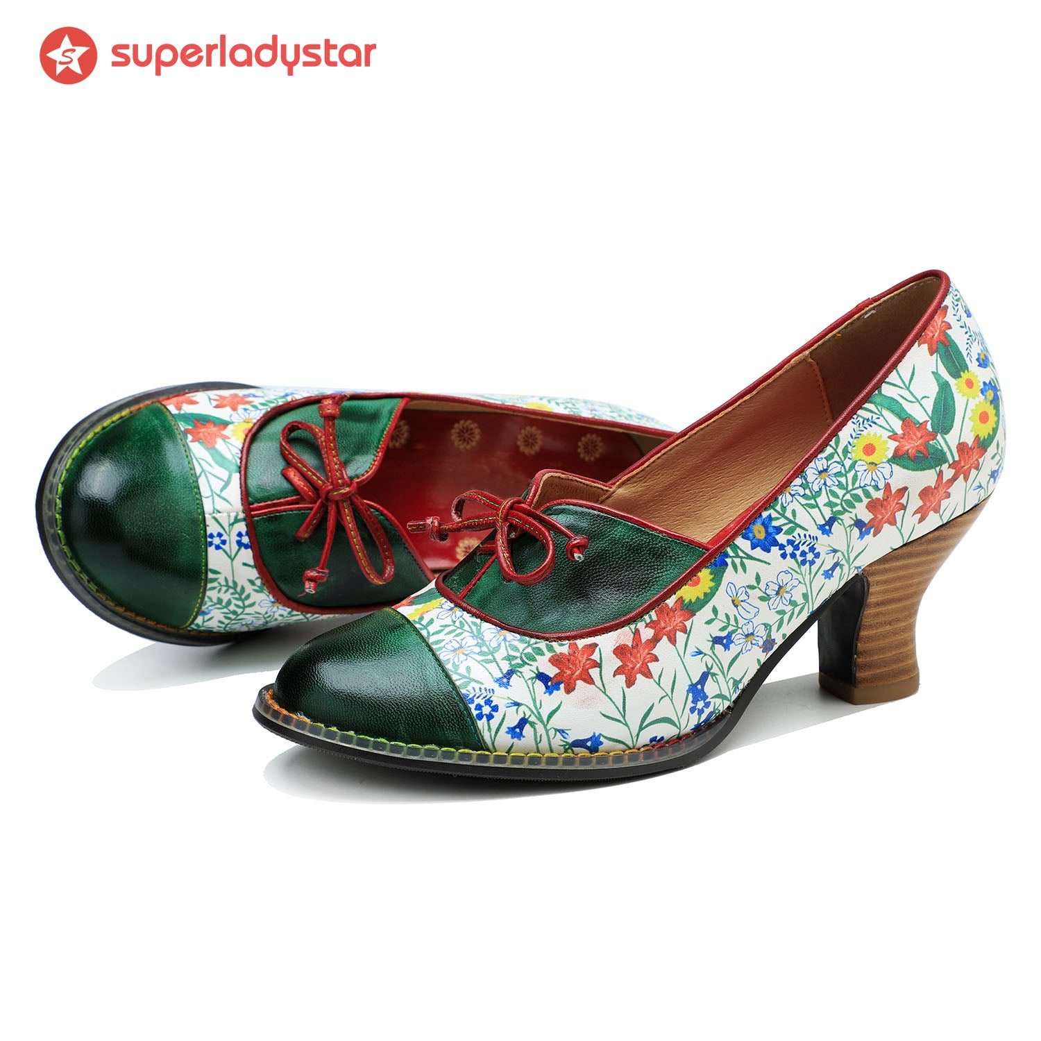 Vintage Hand-embossed Leather Low Heels – superladystar